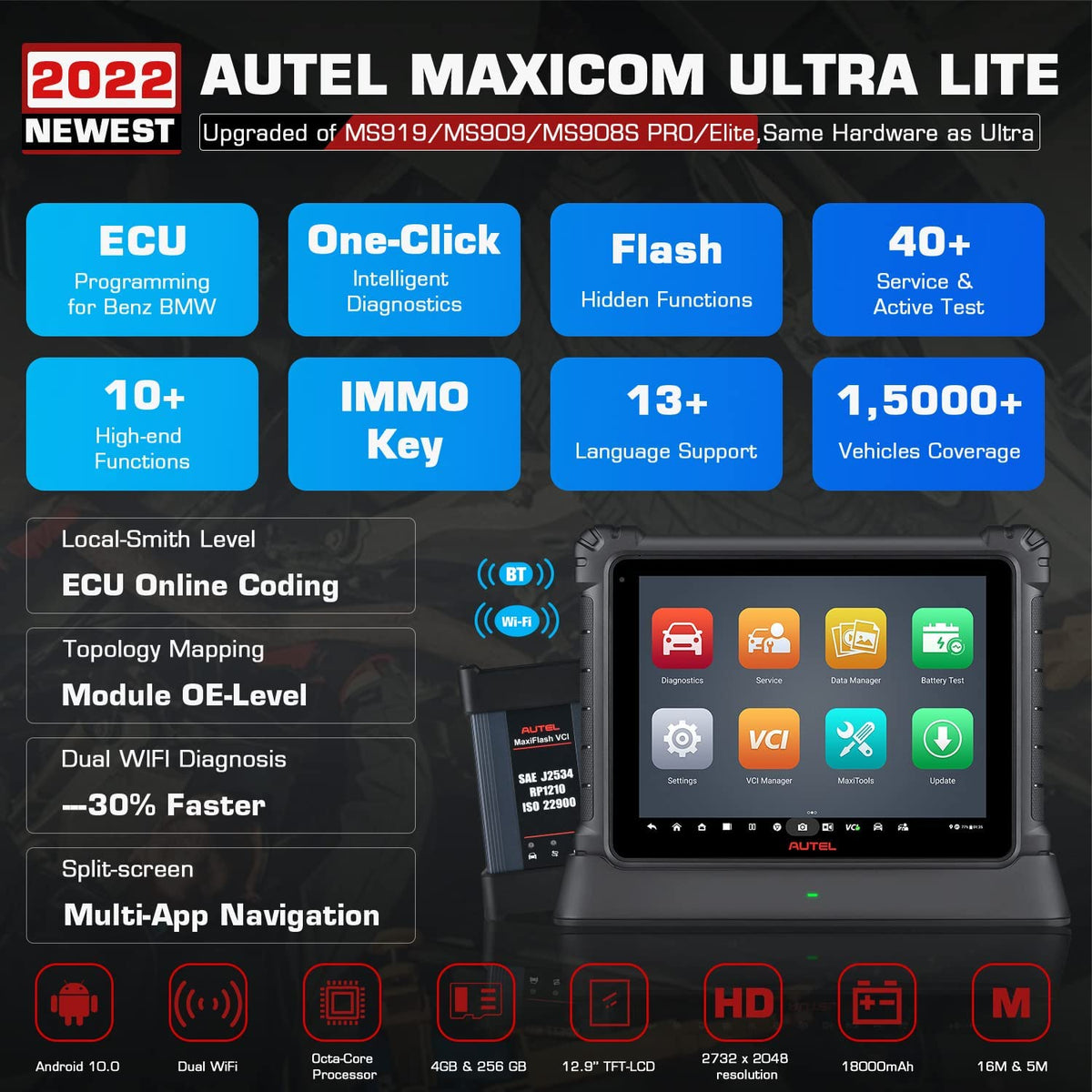 Autel MaxiCOM Ultra Lite Intelligent Car Diagnostics Scanner with Topo ...